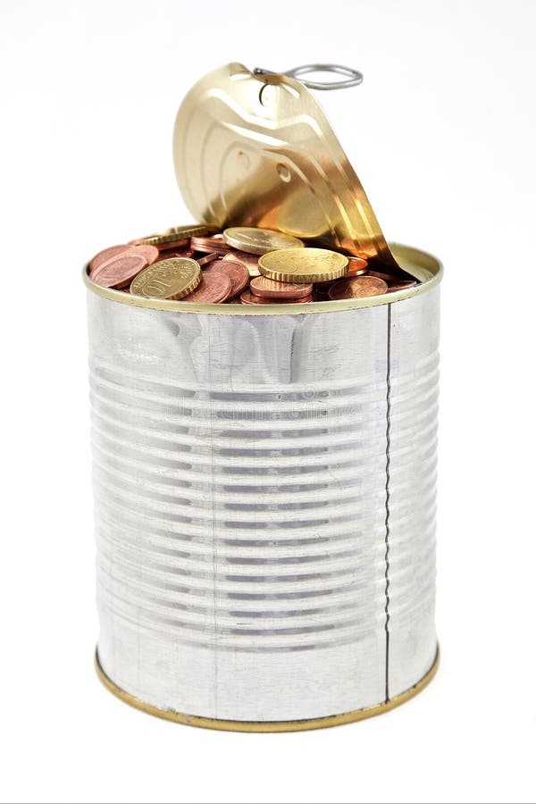 Tin money box with coins stock photo. Image of coin, currency - 19663936