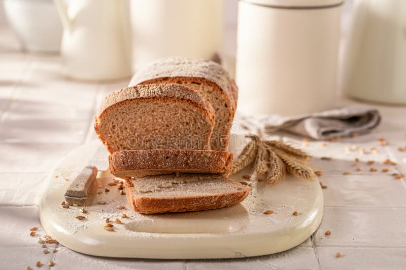 Tin and Homemade Loaf of Rye Bread in Home Bakery Stock Image - Image ...
