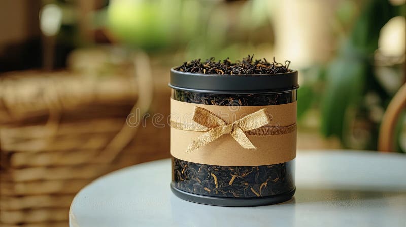 A Tin of Loose-leaf Tea with a Bow-tied Label, Sitting on a Clean Stock ...