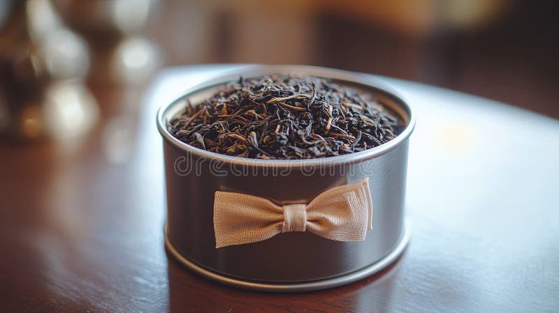 A Tin of Loose-leaf Tea with a Bow-tied Label, Sitting on a Clean Stock ...