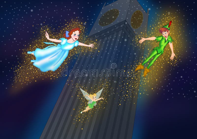 Tinkerbell Peterpan and Wendy Flying in the Night Sky Editorial Stock ...