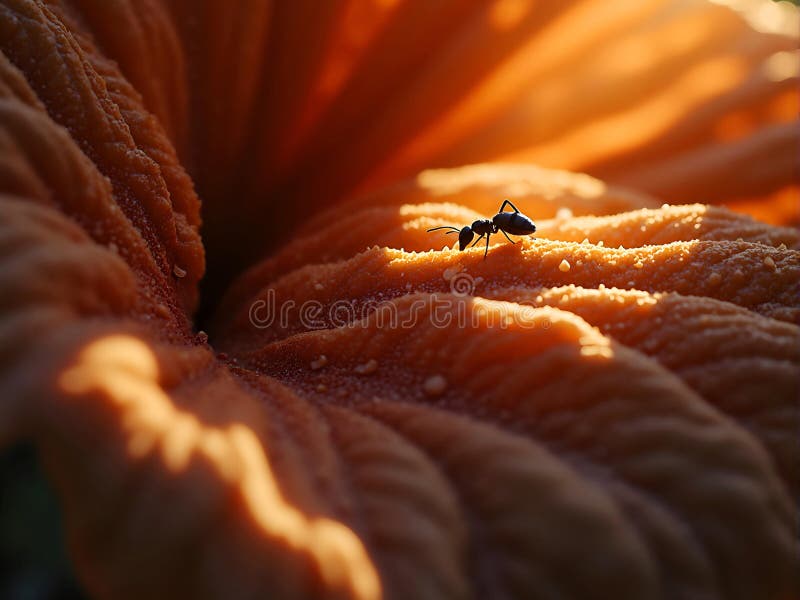 Tiny Ant Exploring the Rugged Surface of a Pumpkin in Golden Sunlight ...