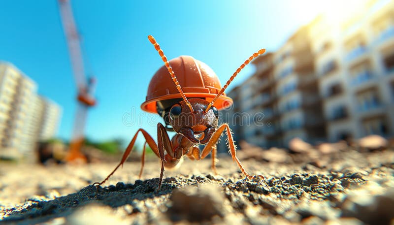 Tiny Ant Wearing Construction Helmet Stands on Construction Site ...