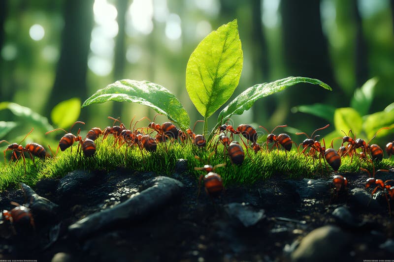 Tiny Ants and a Growing Leaf in a Forest Setting Stock Illustration ...
