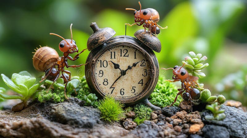 Tiny Ants Working Together To Adjust a Vintage Clock Stock Illustration ...