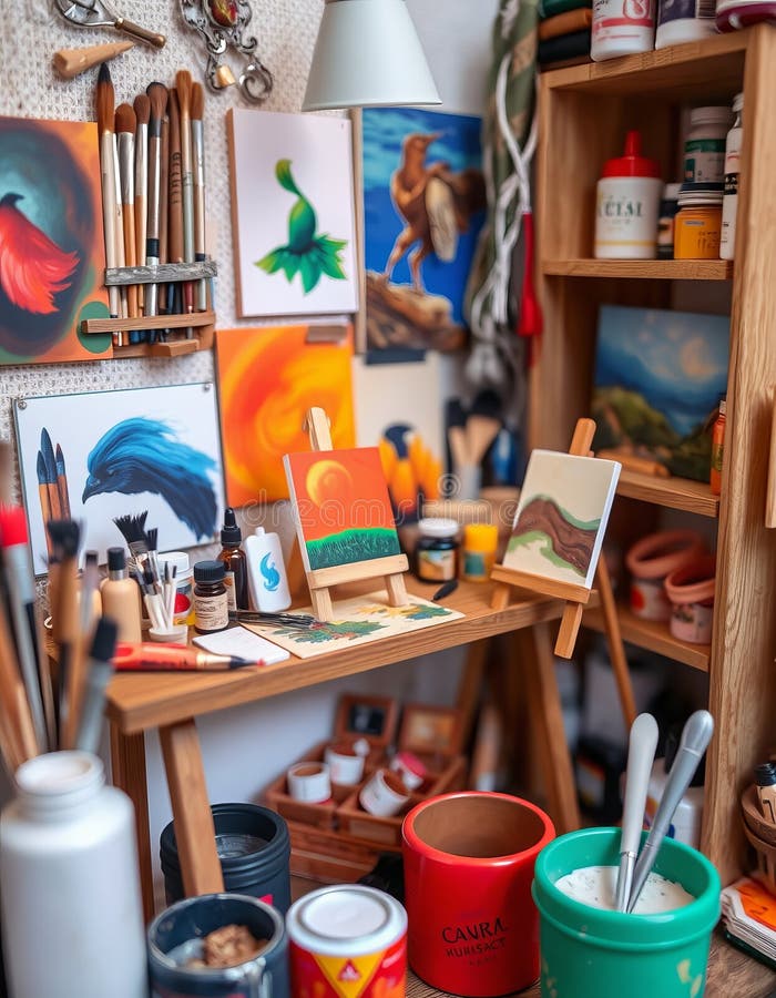 A Tiny Art Workshop with Miniature Art Supplies and Easels Stock ...