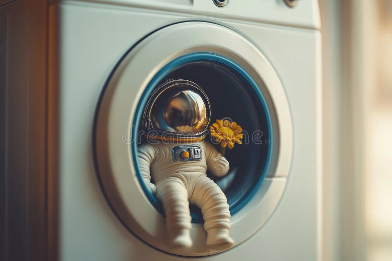 Tiny Astronaut in Space Suit Peering Out from Inside a Washing Machine ...