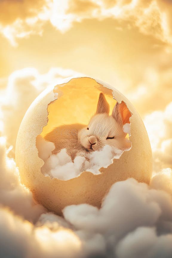 A Tiny Baby Easter Bunny Sleeping Inside a Large, Cracked Easter Egg, Surrounded by Soft, Fluffy ...