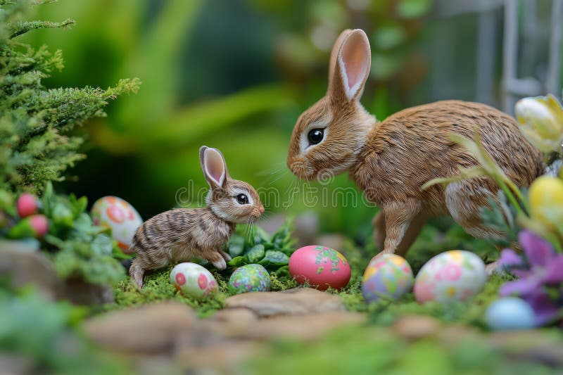 A Tiny Baby Easter Bunny Taking Its First Hop, Encouraged by a Larger Bunny, As they Explore a ...