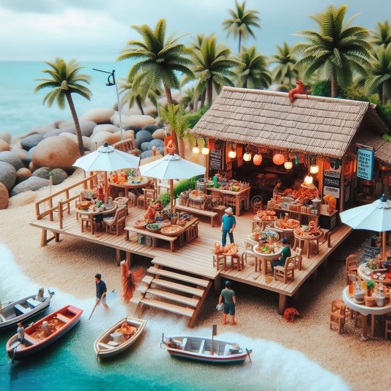 A Tiny Beachside Restaurant with Miniature Tables and Stock Photo ...