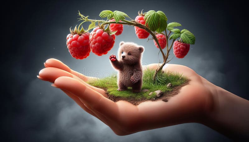 A Tiny Bear Cub Reaching for a Raspberry in a Miniature Lush Landscape ...