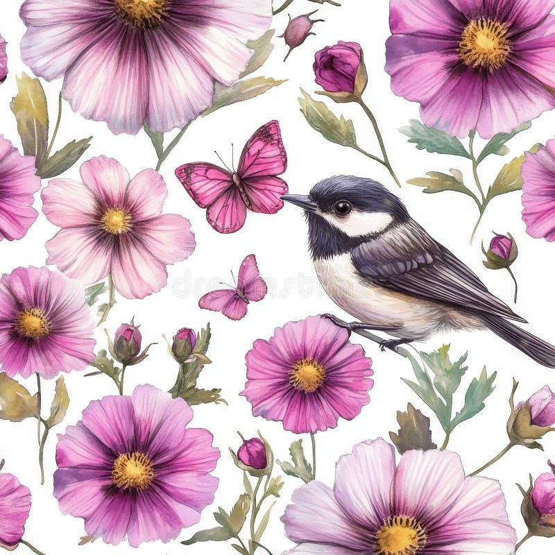 A Tiny Bird is Depicted among Spring Meadow Flowers and Butterflies ...