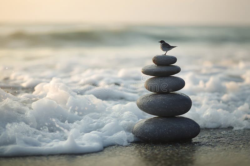 Tiny Bird Perched Atop a Balanced Stack of Smooth Stones on a Foamy Beach at Sunrise Stock ...