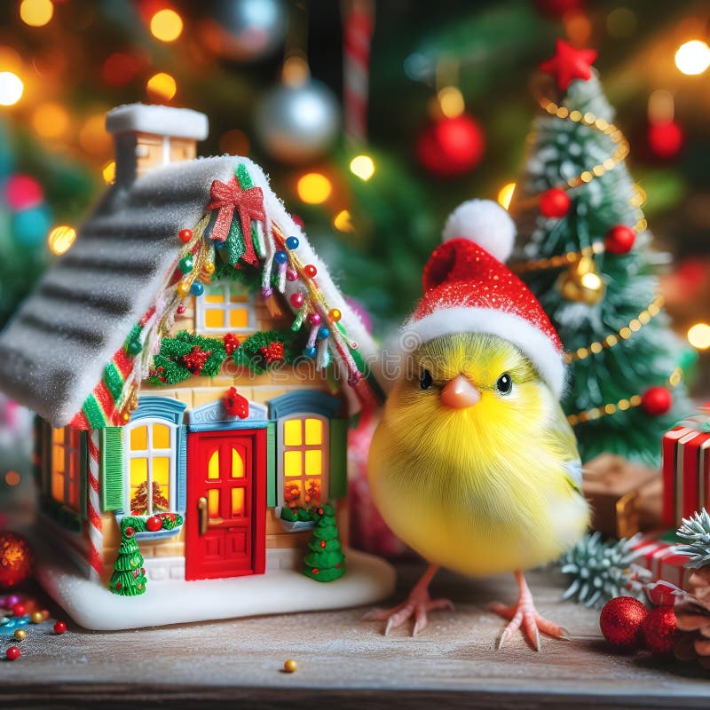 A Tiny Bird Standing Next To a Small House with Presents Around it ...