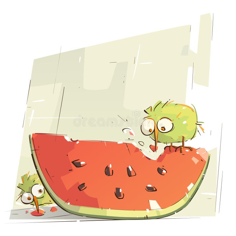 Tiny Birds Eating Watermelon Stock Vector - Illustration of green ...