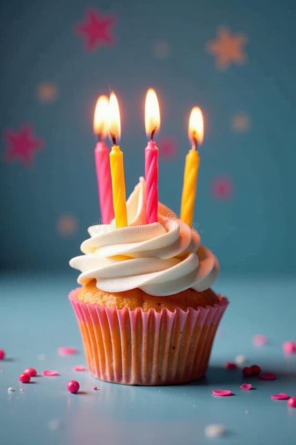 Tiny Birthday Cupcake, Many Colorful Candles Lit , Mini, Happy Stock ...