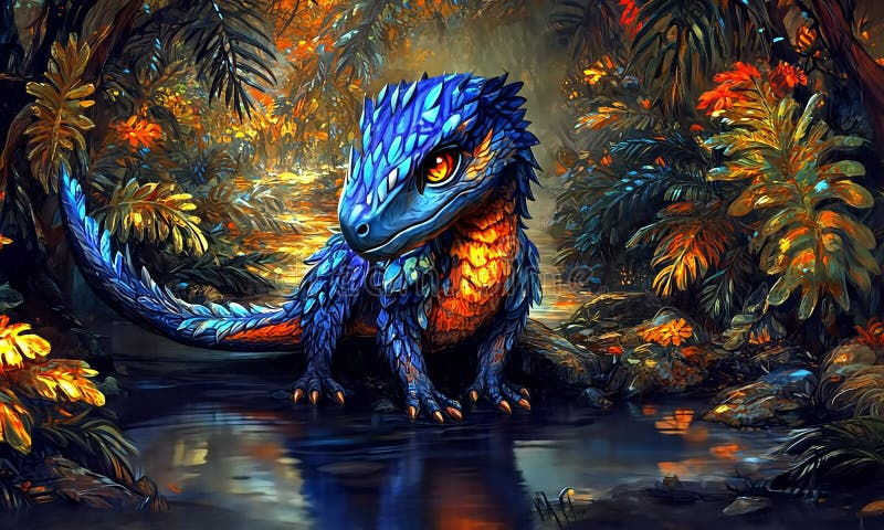 Tiny Blue Dragon in a Lush Jungle Setting by a Stream Stock Footage ...
