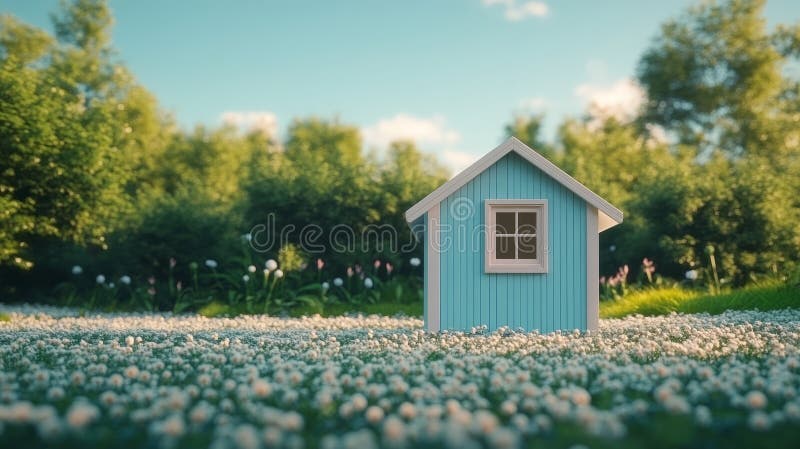 Tiny Blue House in a Lush Garden with Wildflowers. Stock Image - Image ...