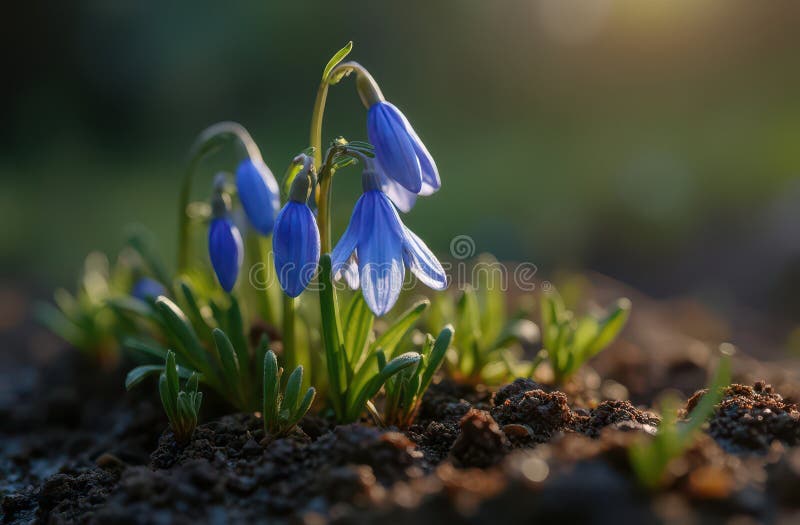 A Tiny Bluebell Emerging from Damp Soil, Surrounded by Tiny Grass ...