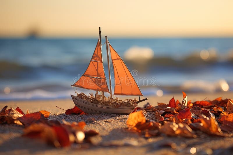 Tiny Boat with Sail Made of Autumn Leave. Generative AI Stock Image ...