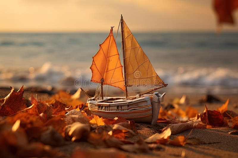 Tiny Boat with Sail Made of Autumn Leave. Generative AI Stock Photo ...