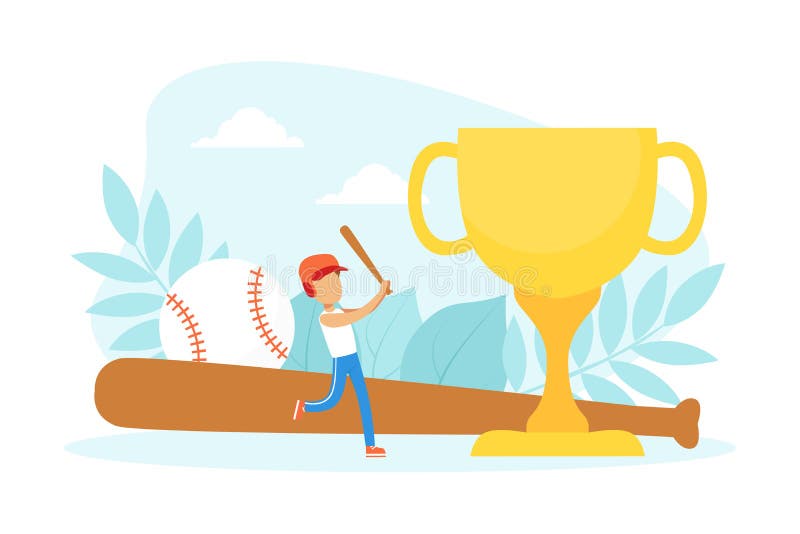 Tiny Boy Baseball Player Character with Huge Bat and Winner Cup Cartoon ...