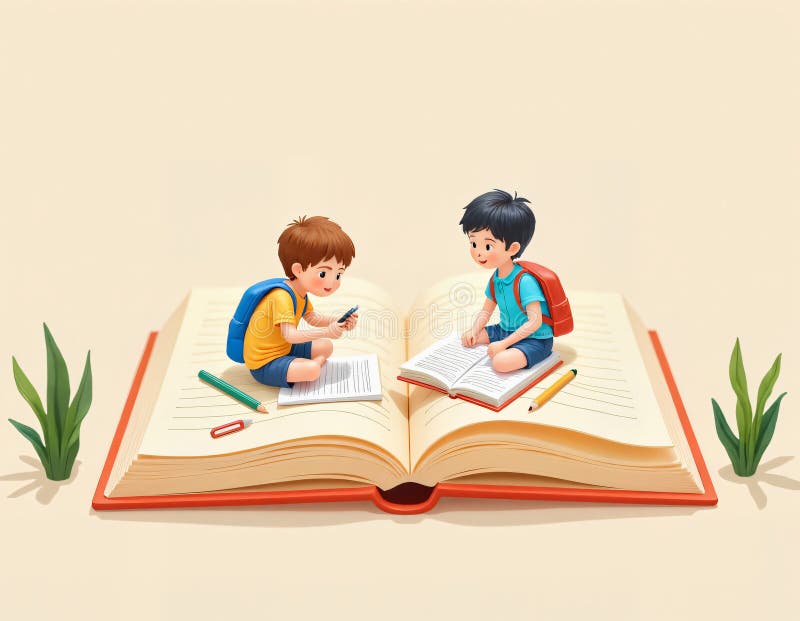 Tiny Boys with Backpacks Sit Cross Legged on a Large Open Book, Reading ...