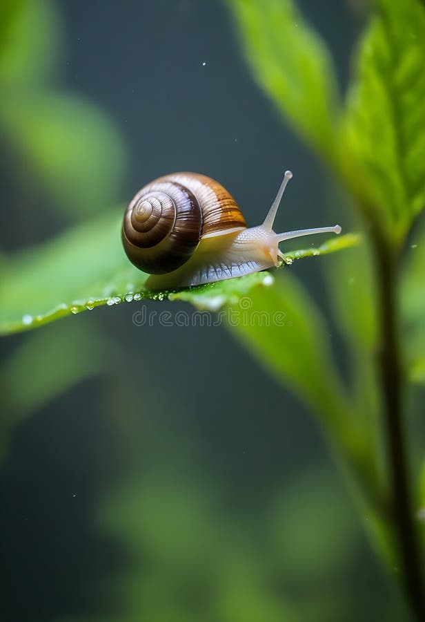 Tiny brown snail on a leaf stock photo. Image of snail - 376967786