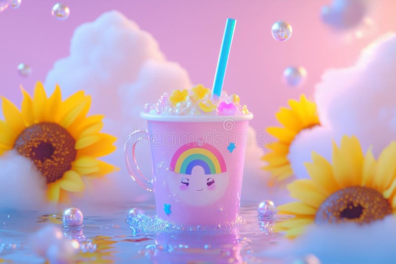 Tiny Bubble Tea Cup with Rainbow Colors Surrounded by Sunflowers and ...
