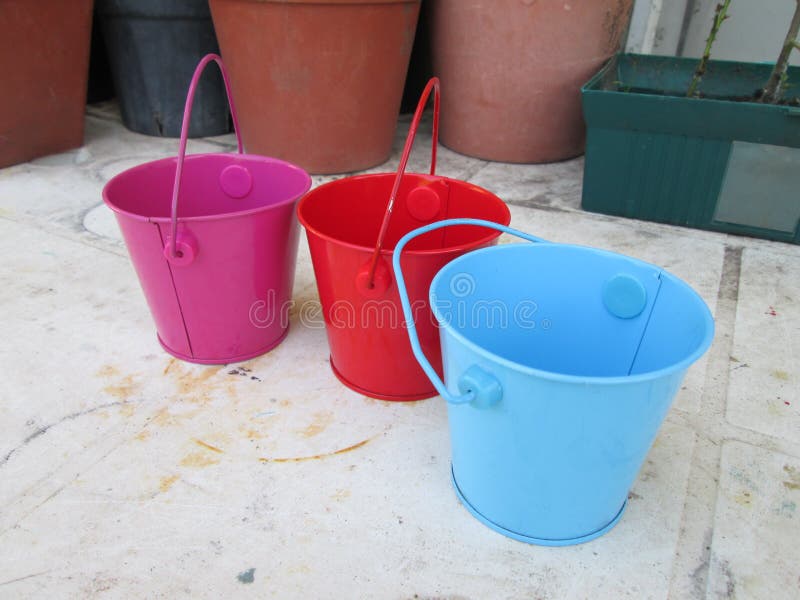 Tiny Buckets. stock image. Image of gardening, mini, metal - 85391067