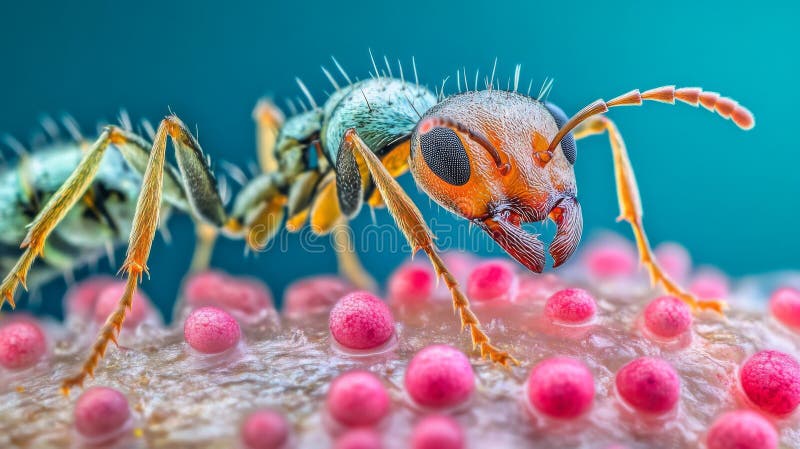 Tiny Bugs Creep Across a Bumpy Surface that Shines Blue and Pink Stock ...