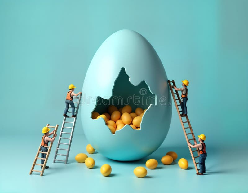Tiny Builders in Yellow Hard Hats, Orange Vests Construct Large Pastel ...