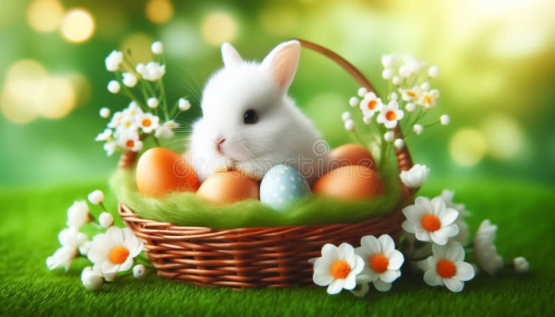 Tiny Bunny Inside a Basket with Easter Eggs and Flowers for Card Illustration Stock Illustration ...