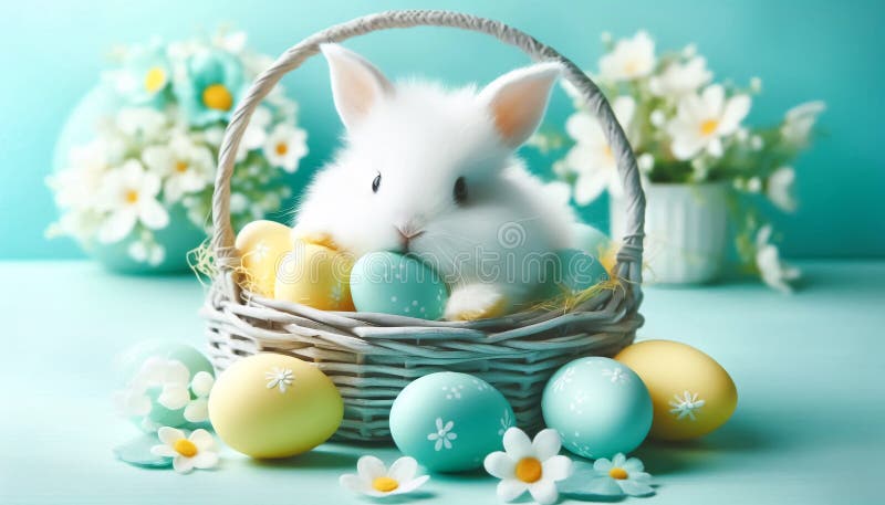 Tiny Bunny Inside a Basket with Easter Eggs and Flowers for Card Illustration Stock Illustration ...