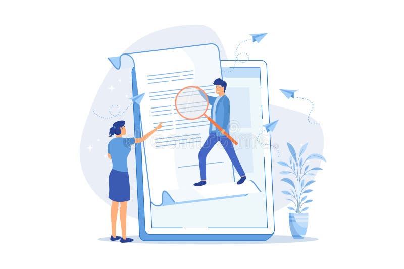 Tiny Business People with Magnifier Reading Electronic Paper Document ...