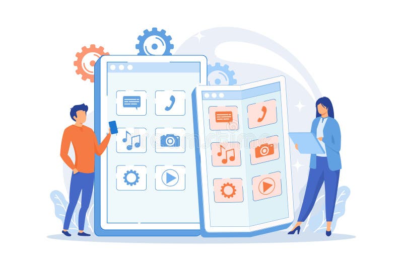 Tiny Business People Using Smartphone with Flexible Screen. Foldable ...