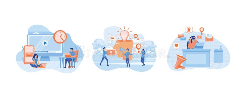 Tiny Business People Watching at Digital Devices Screens and Clock ...