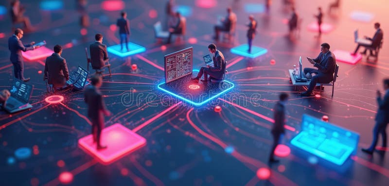 Tiny Business People Work on Digital Devices. Many People Interact on ...