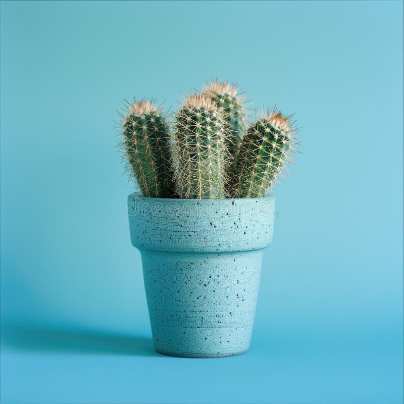 Tiny Cactus in Concrete Planters on a Blue Background, AI-generated ...