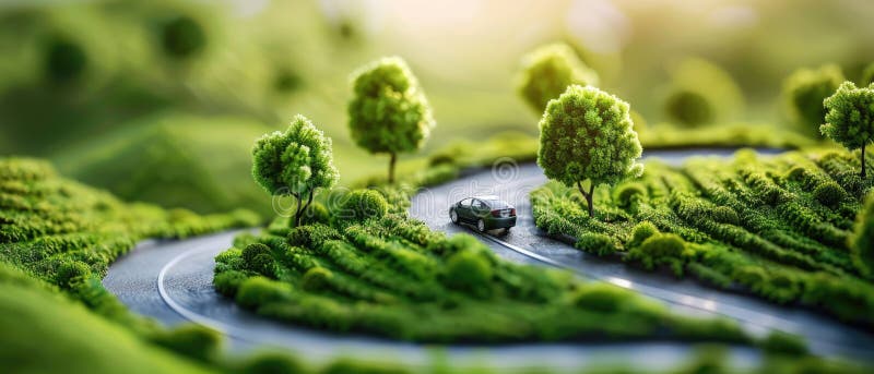 Tiny Car Driving through a Lush Miniature Green World Stock ...