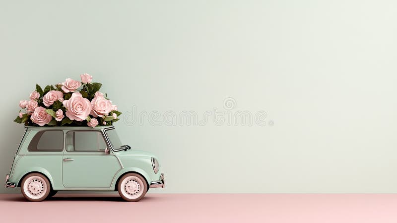 Tiny Car Showcases Oversized Roses on Top Against a Soft Pastel ...