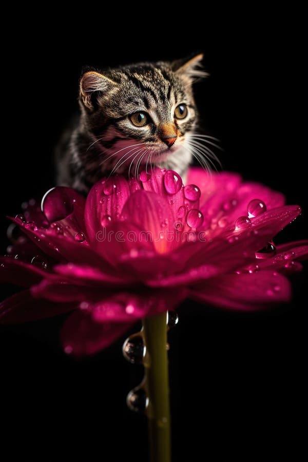 A Tiny Cat Balancing on the Tip of a Bright Pink Flower. Generative AI ...