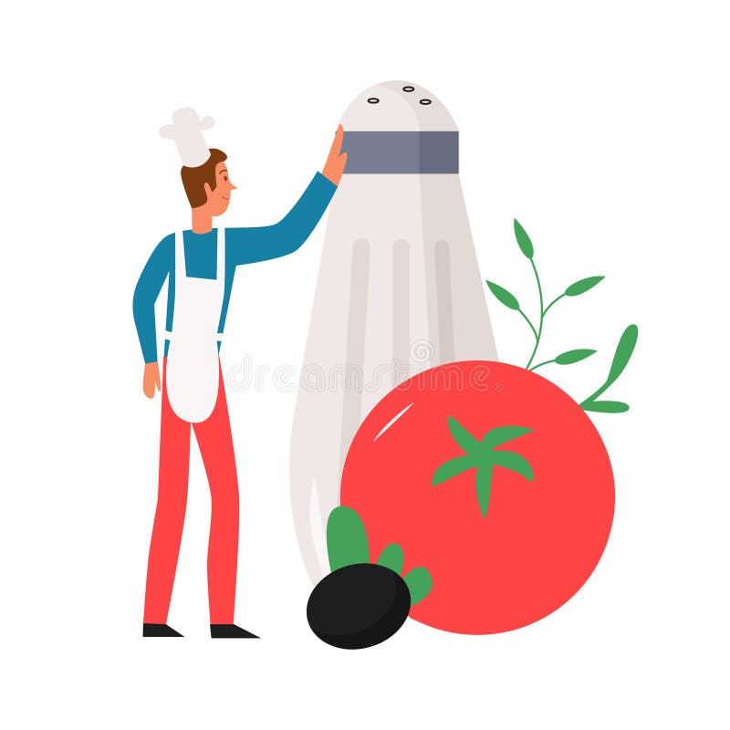 Tiny Character in Chefs Hat and Apron Standing Next To Salt Shaker and ...