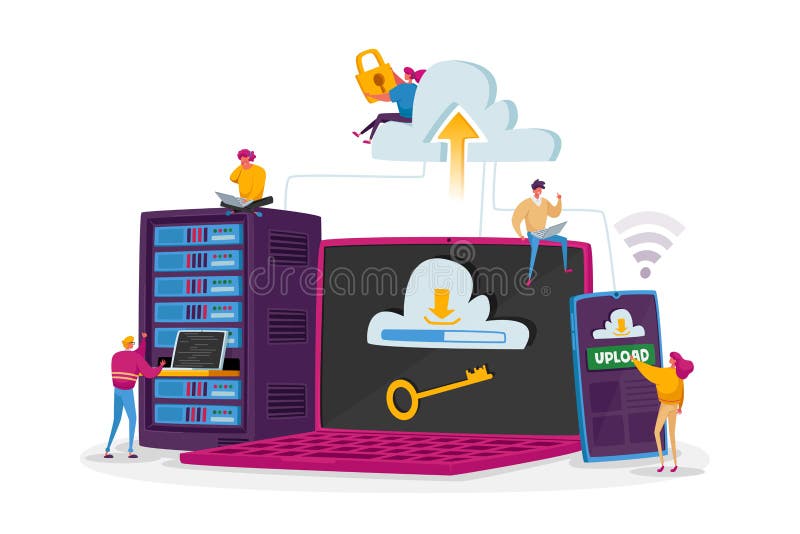 Tiny Characters at Huge Laptop, Phone and Server Equipment. Web Hosting ...