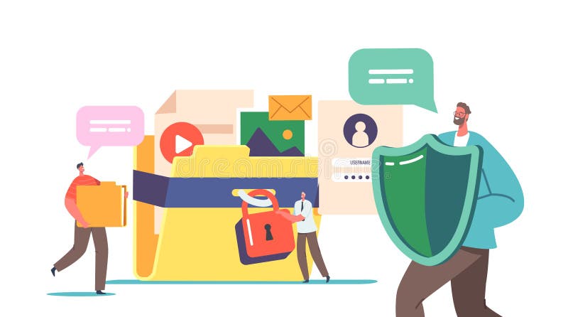 Tiny Characters at Huge Protected Folder with Files, Red Lock and ...