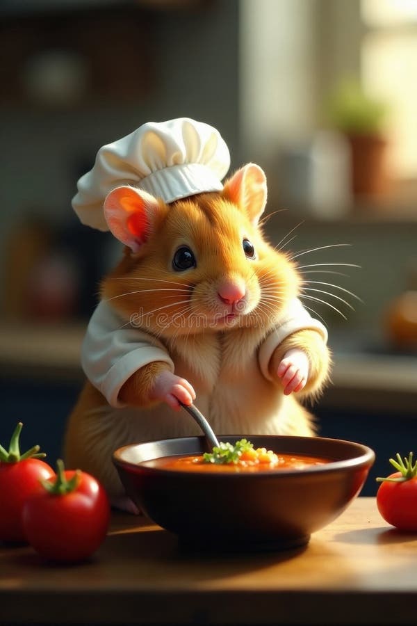 Tiny Chef Hamster Stirs Soup in Backlit Kitchen Cute Halo Stock Image ...