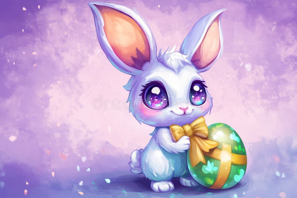 A Tiny, Chibi-style Easter Bunny with Oversized Ears and Sparkling Eyes ...