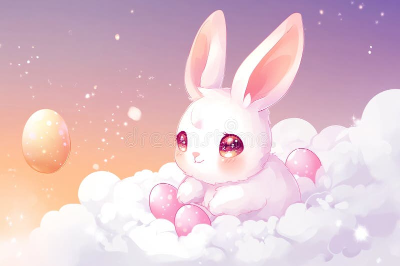 A Tiny Chibi-style Easter Bunny with Sparkling Eyes, Sitting Inside a ...