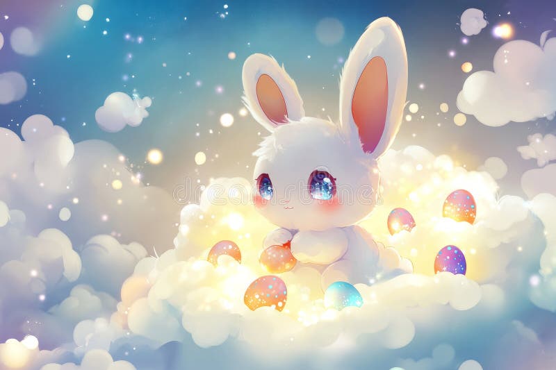 A Tiny Chibi-style Easter Bunny with Sparkling Eyes, Sitting Inside a ...
