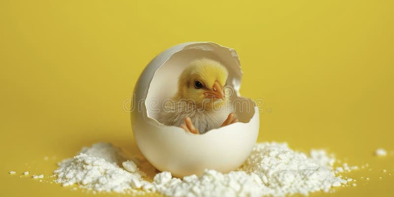 Tiny Chick Hatching from Cracked Eggshell, Yellow Background, Vibrant ...